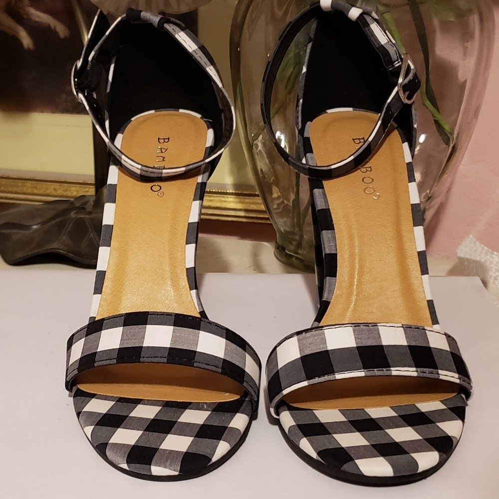 Bamboo Black And White Checkered Fabric Strap Heels - Gem